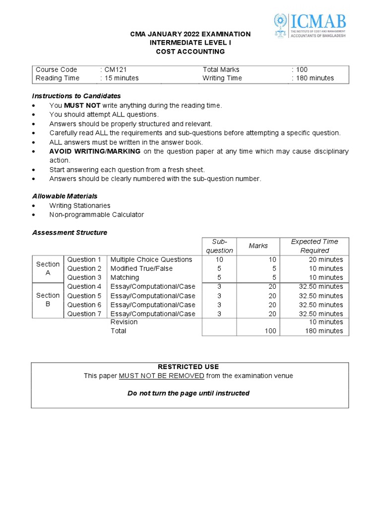CM121.COAIL-I-Question-CMA-Janauary-2022-Examination | PDF | Cost ...