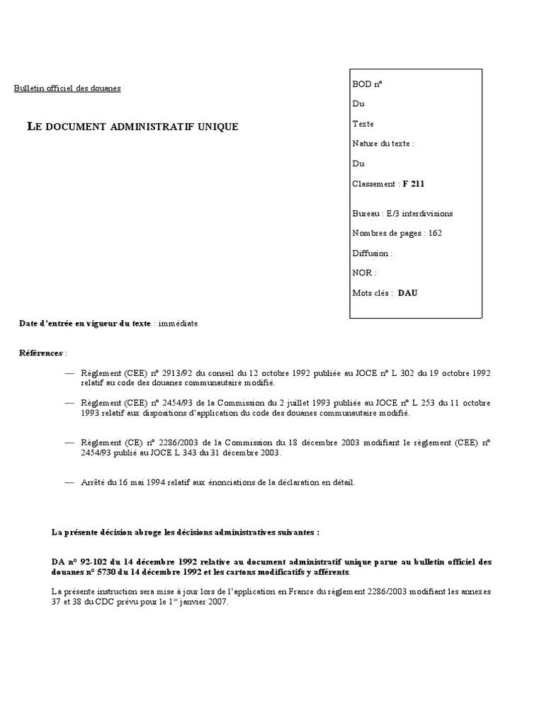 Document Administratif Unique (DAU) | PDF