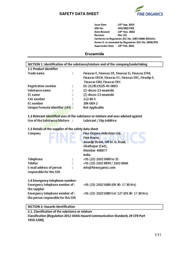 Erucamide: Safety Data Sheet | PDF | Toxicity | Dangerous Goods