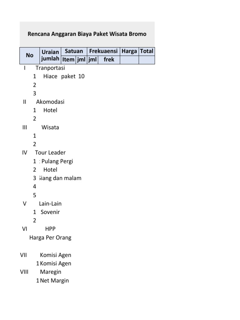 Contoh Tabel Rincian Paket Bromo | PDF