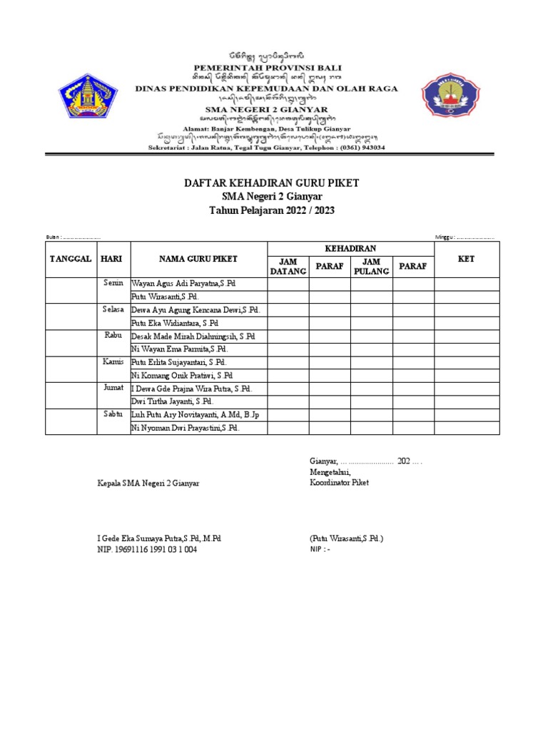 Daftar Kehadiran Guru Piket SMA Negeri 2 Gianyar Tahun Pelajaran 2022 / ...