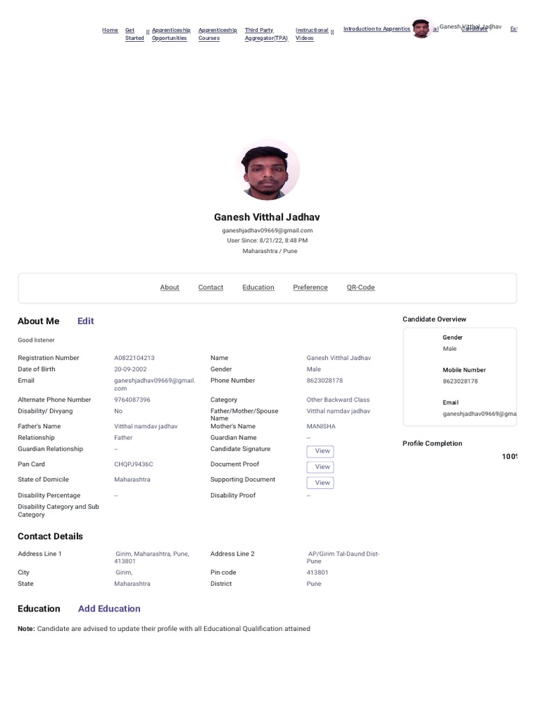 Candidate Profile - Apprenticeship Training Portal | PDF | Apprenticeship