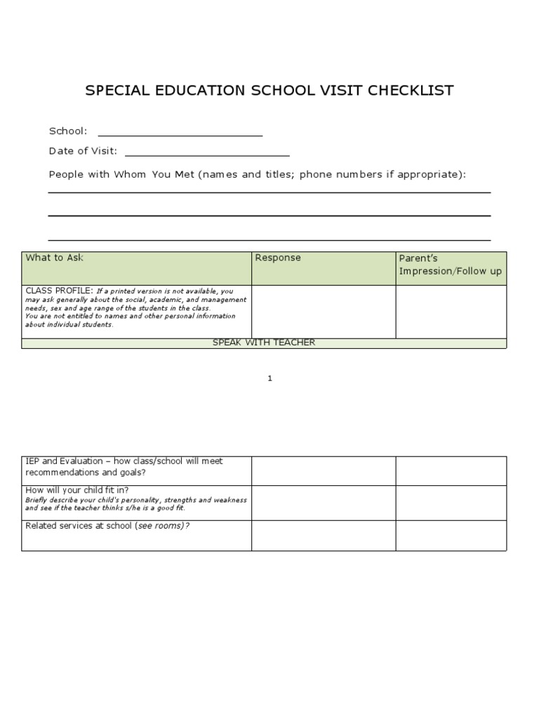 SPECIAL-EDUCATION-SCHOOL-VISIT-CHECKLIST | PDF | Teachers | Schools