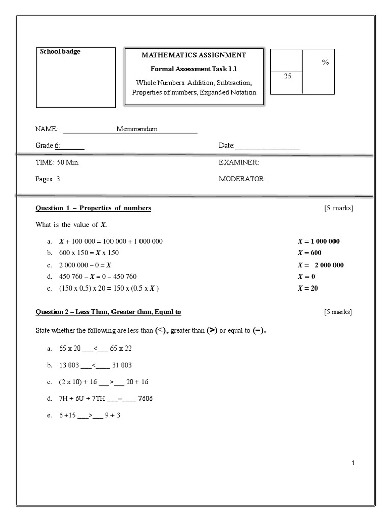 Whole Numbers Assignment Term 1 2022 Memo | PDF | Mathematics | Science