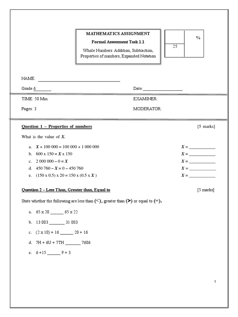 Grade 6 Whole Numbers Assignment 1 | PDF | Mathematics | Science
