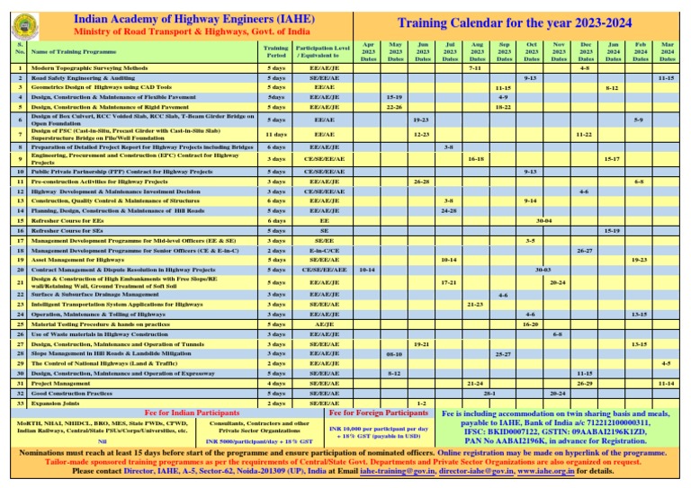 Indian Academy of Highway Engineers (IAHE) : Training Calendar For The Year 2023-2024 | PDF ...