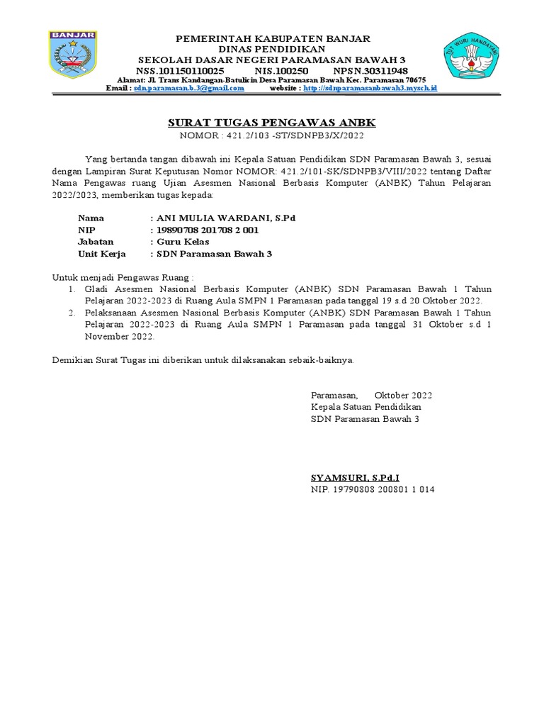 Surat Tugas Pengawas Anbk 2022 | PDF
