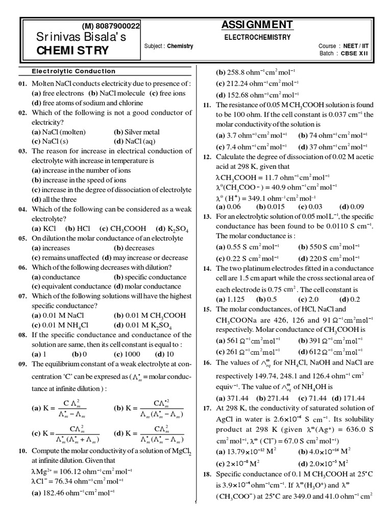 Electrochemistry Assignment for Class 12 | PDF | Electrochemistry | Redox