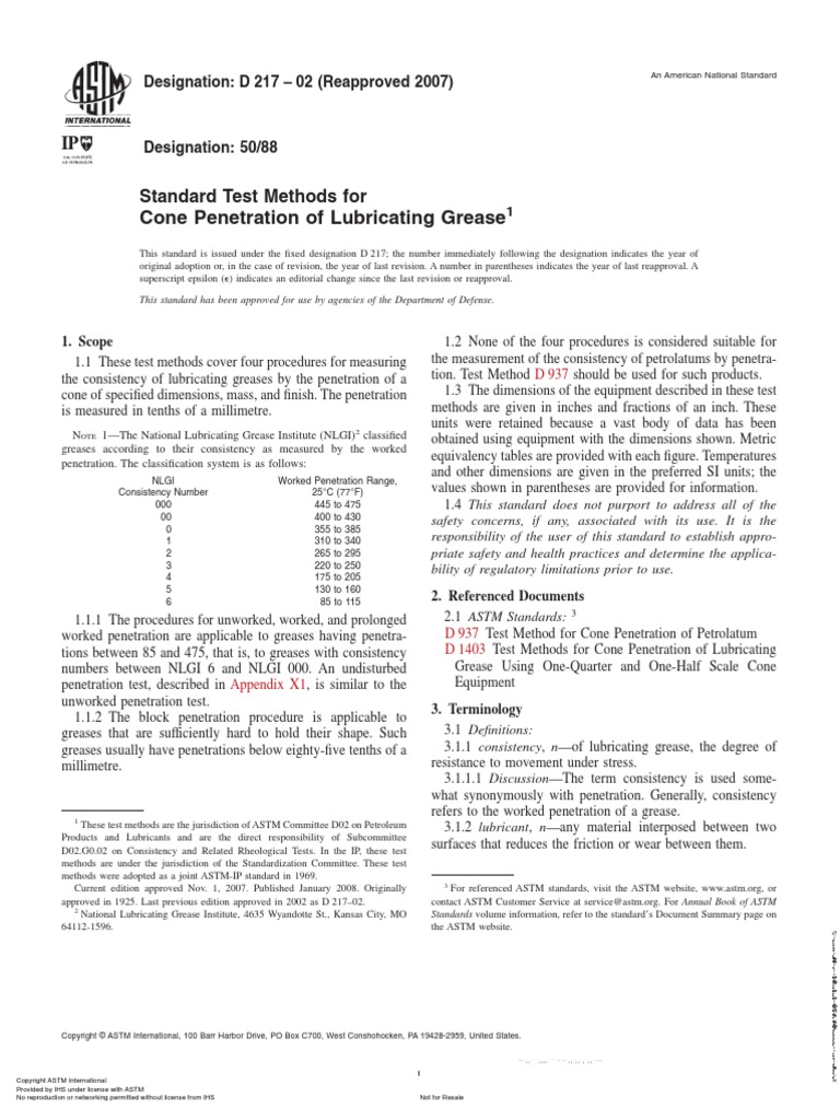 Cone Penetration of Lubricating Grease: Standard Test Methods For | PDF