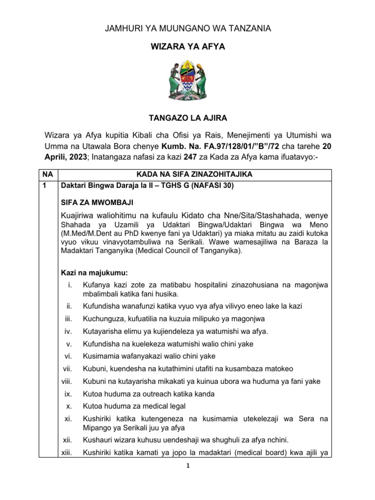 Jamhuri Ya Muungano Wa Tanzania: Tangazo La Ajira | PDF