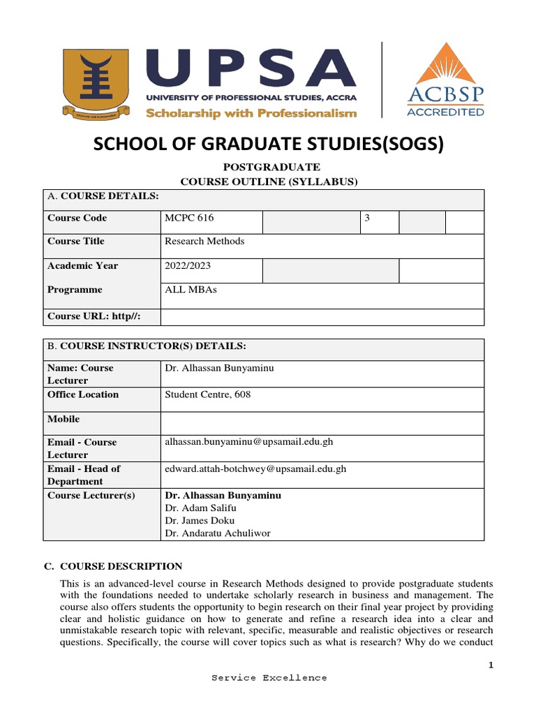 School of Graduate Studies (Sogs) : Postgraduate Course Outline ...
