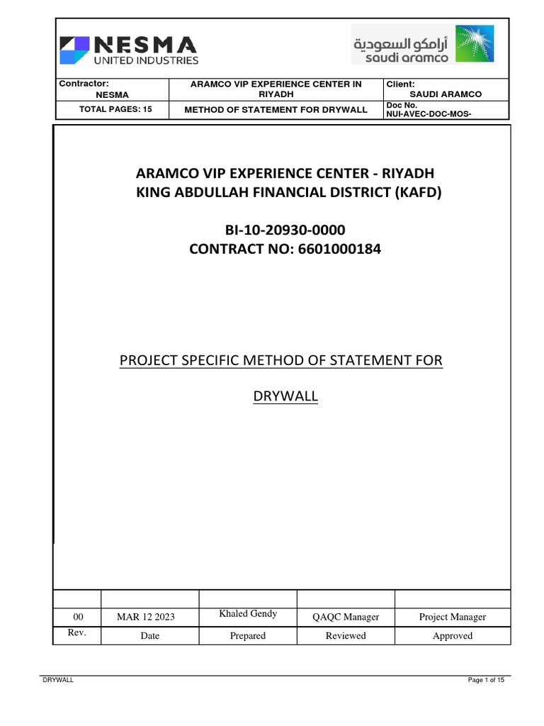 Method of Statement For Drywall-1 | PDF | Personal Protective Equipment | Drywall