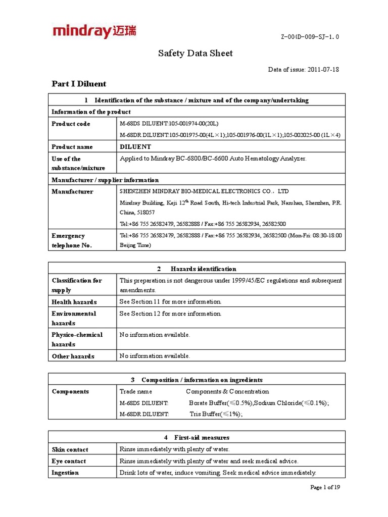 Safety Data Sheet: Part I Diluent | PDF | Dangerous Goods | Toxicity