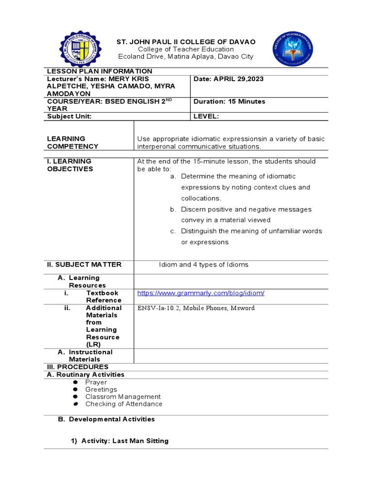 Semi-Detailed Lesson Plan | Download Free PDF | Idiom | Human Communication