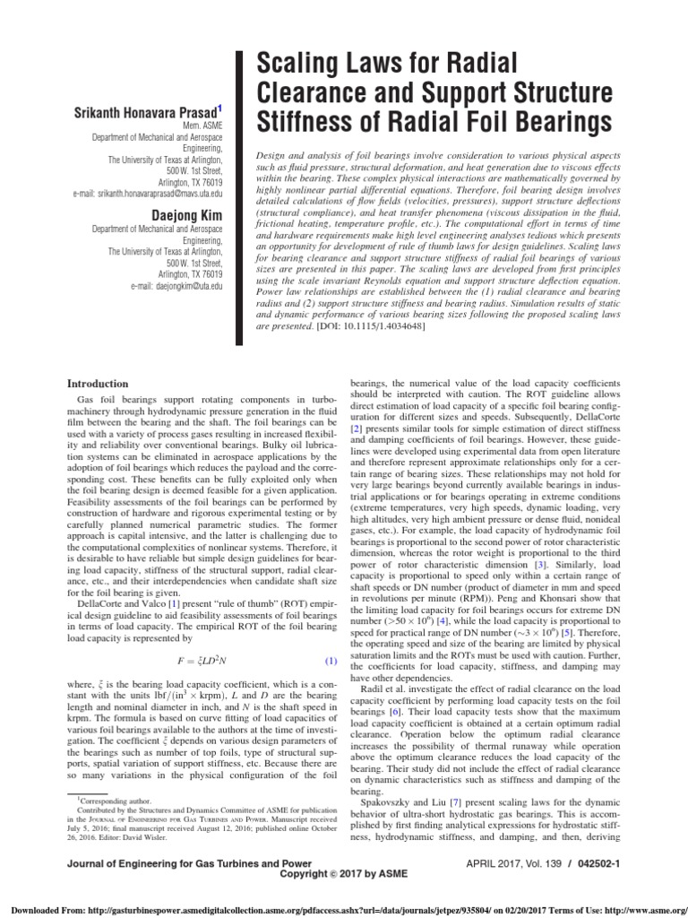 Scaling Laws For Radial Clearance and Support Structure Stiffness of Radial Foil Bearings | PDF ...