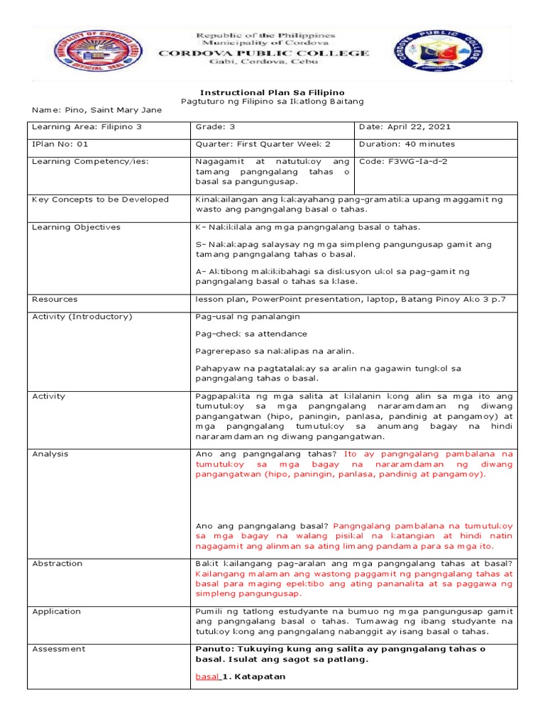 I Plan - Filipino Basal o Tahas - Updated Final | PDF