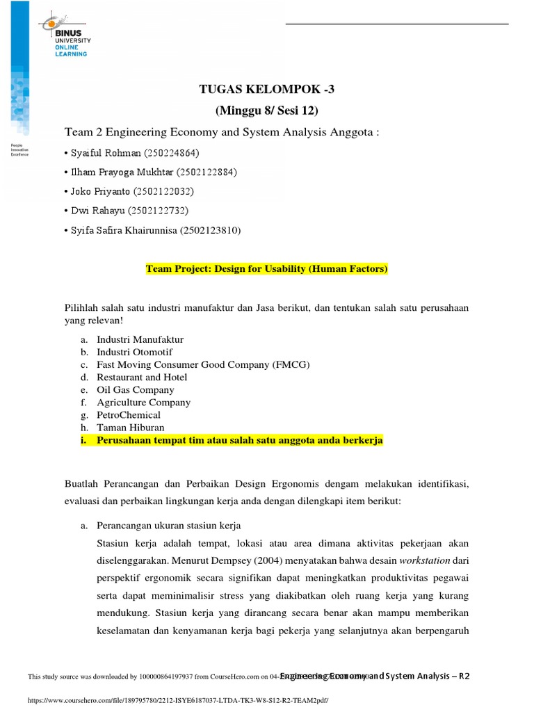 Team 2 Engineering Economy and System Analysis Anggota:: Tugas Kelompok - 3 (Minggu 8/ Sesi 12 ...
