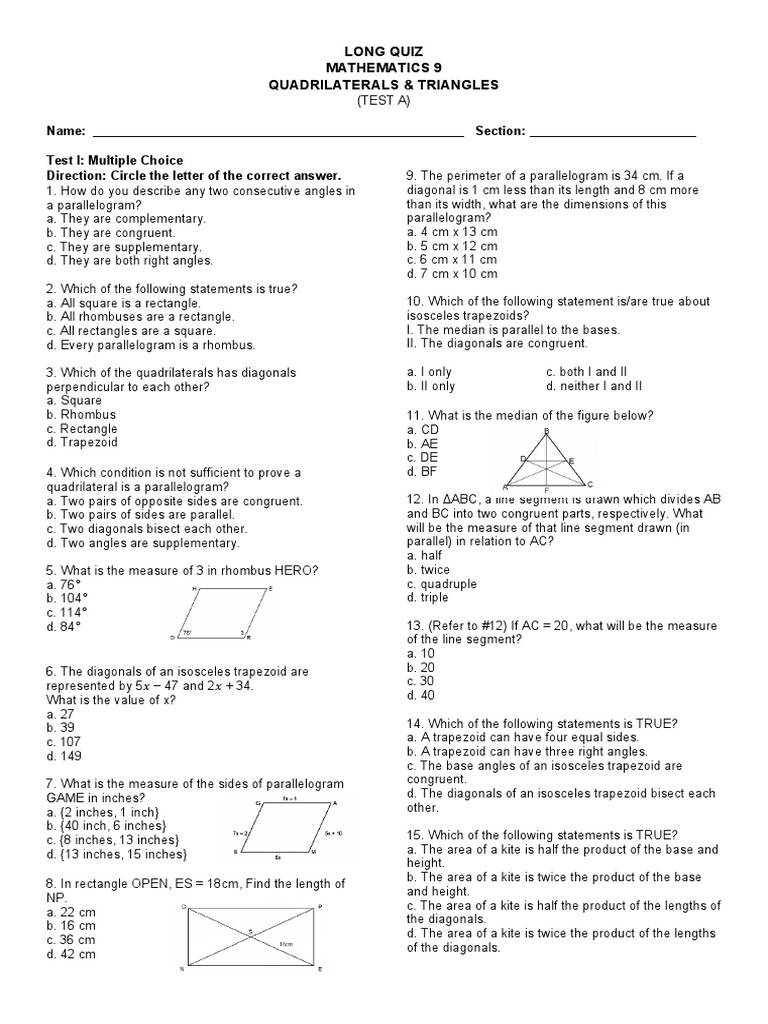 Long Quiz - Math 9 Q3 | PDF | Rectangle | Elementary Mathematics