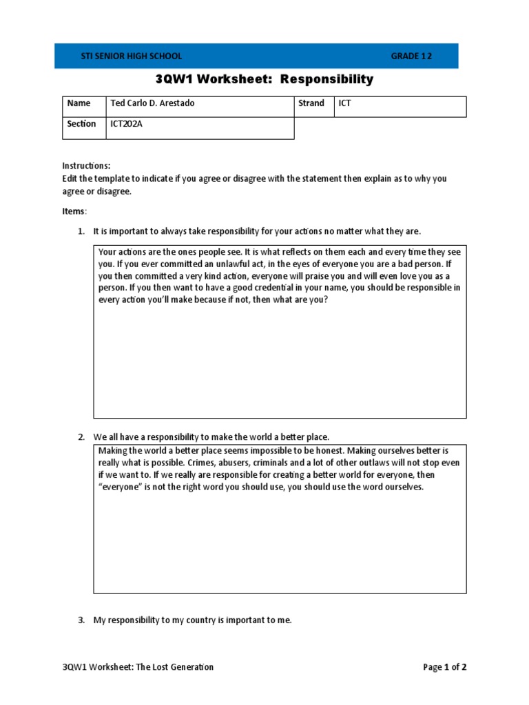 G123QW1 Worksheet - Responsibility-1 | PDF | Wellness