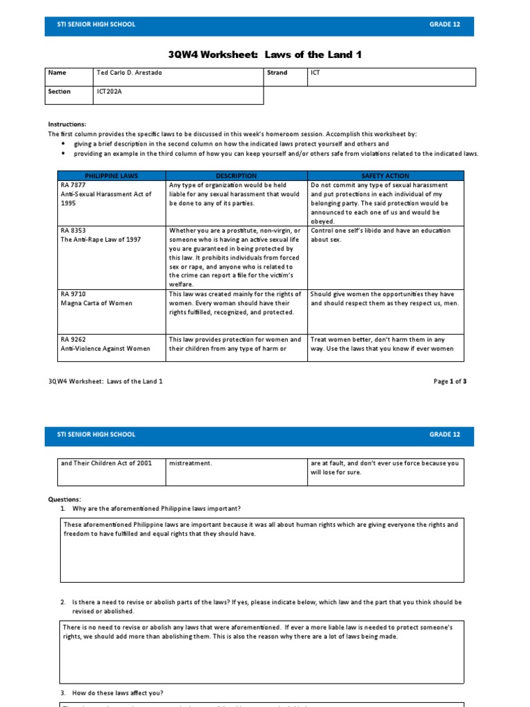 G123QW4 Worksheet - Laws of The Land 1 | PDF