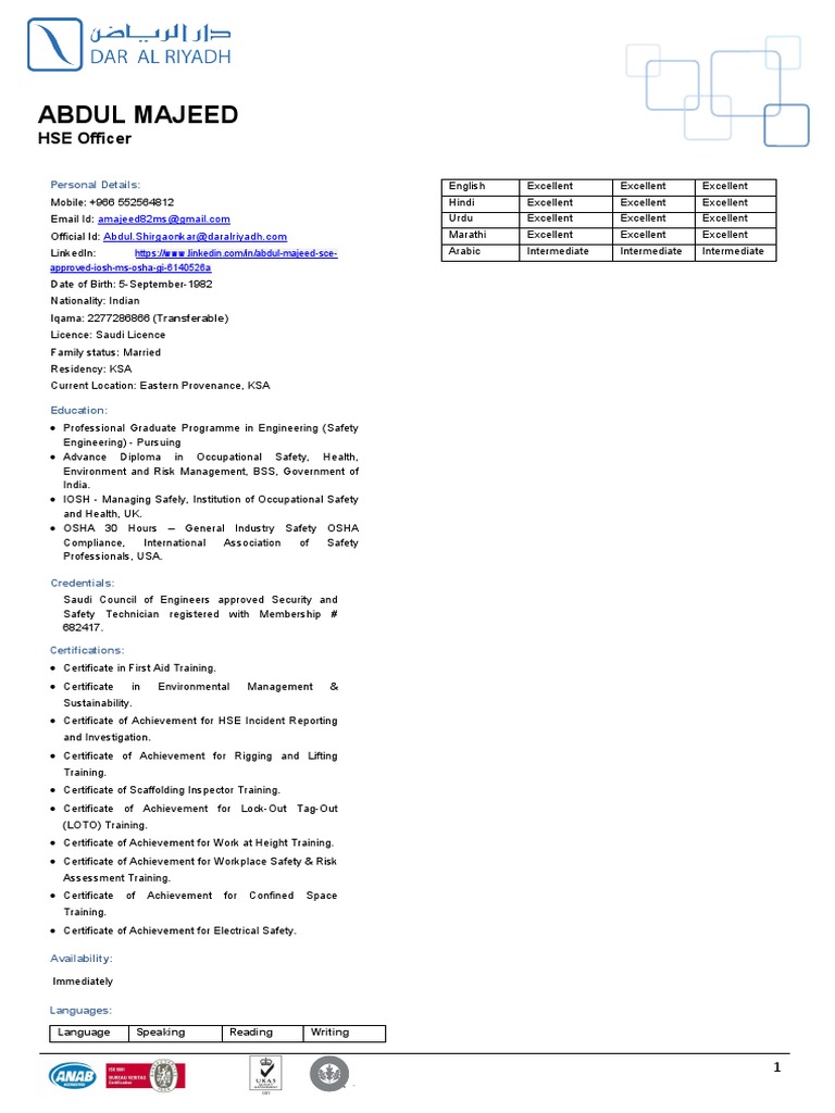 Abdul Majeed: HSE Officer | PDF | Occupational Safety And Health | Safety