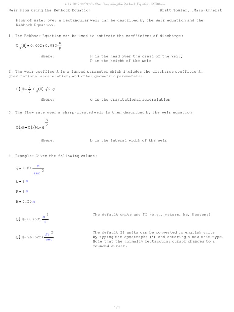 Weir Flow Using The Rehbock Equation 120704 | PDF