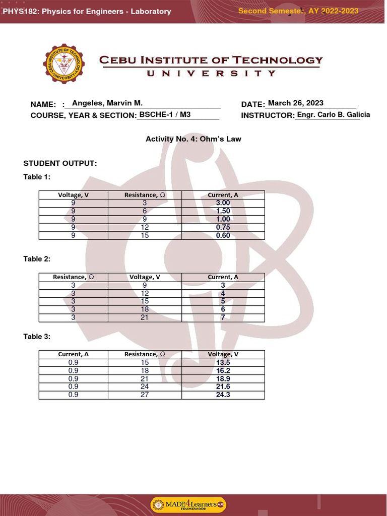 Angeles - Marvin - PHYS182 - Final Report #4 | PDF | Electrical Resistance And Conductance ...