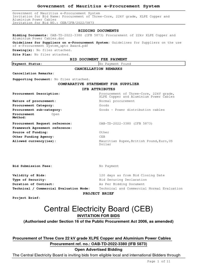 Procurement of Three-Core, 22kV Grade, XLPE Copper and Aluminium Power ...