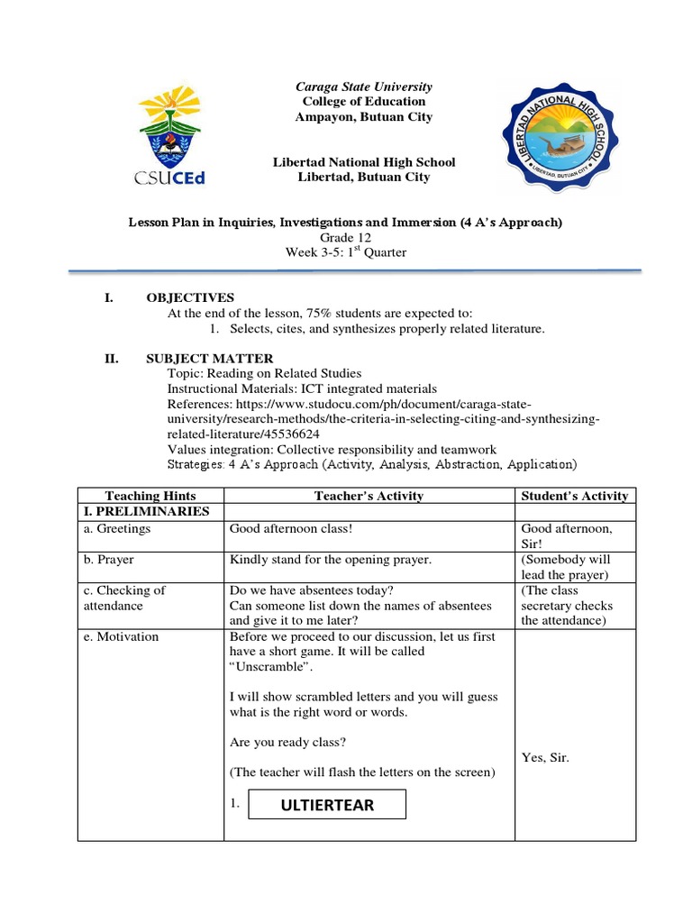 Lesson Plan in Inquiries, Investigations and Immersion (4 A's Approach ...