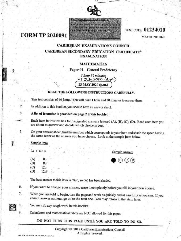 Solution - CXC Mathematics June 20 P1 | PDF