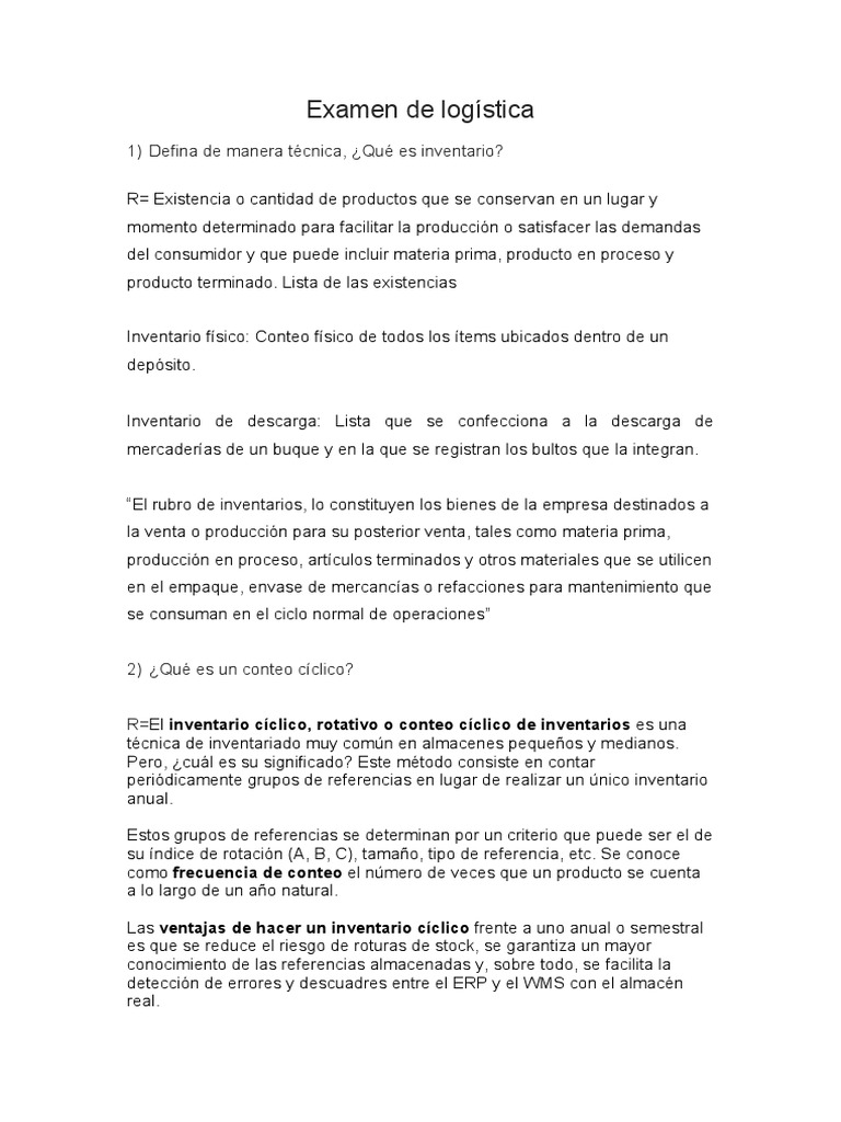 Guia Examen Logistica | PDF | Inventario | Logística