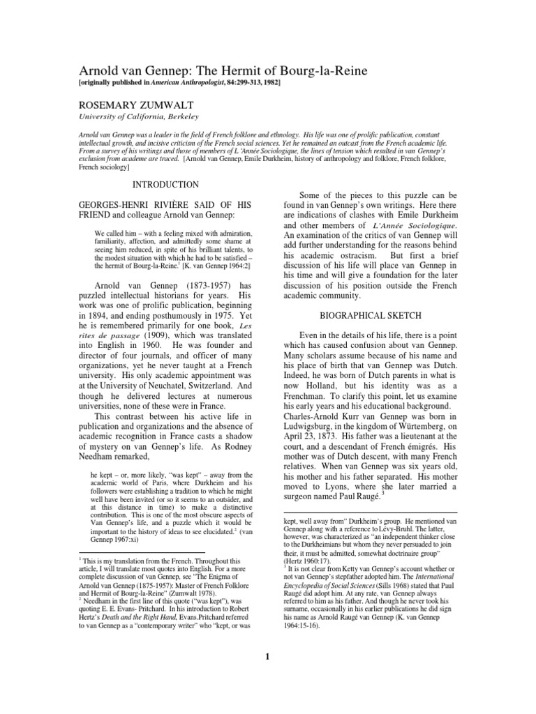 The Enigma of Arnold van Gennep: Tracing the Tensions that Resulted in ...