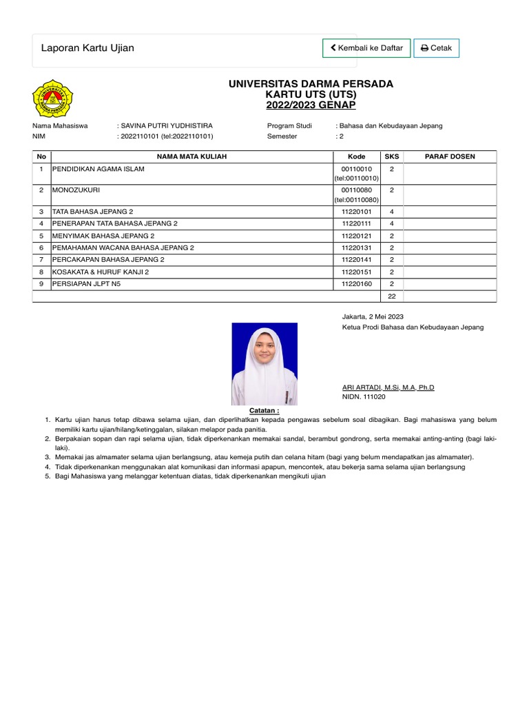 Laporan Kartu Ujian: Universitas Darma Persada Kartu Uts (Uts) 2022/2023 GENAP | PDF