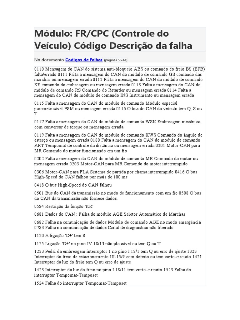 Módulo: FR/CPC (Controle Do Veículo) Código Descrição Da Falha | PDF ...