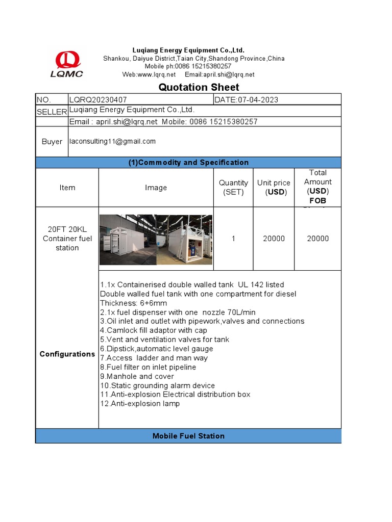 Quotation Sheet: (1) Commodity and Specification Usd) Usd) FOB Qingdao ...