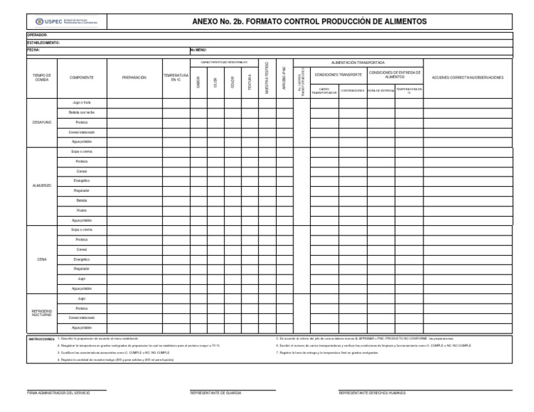 Anexo No. 2b. Formato Control Producción Alimentos | PDF