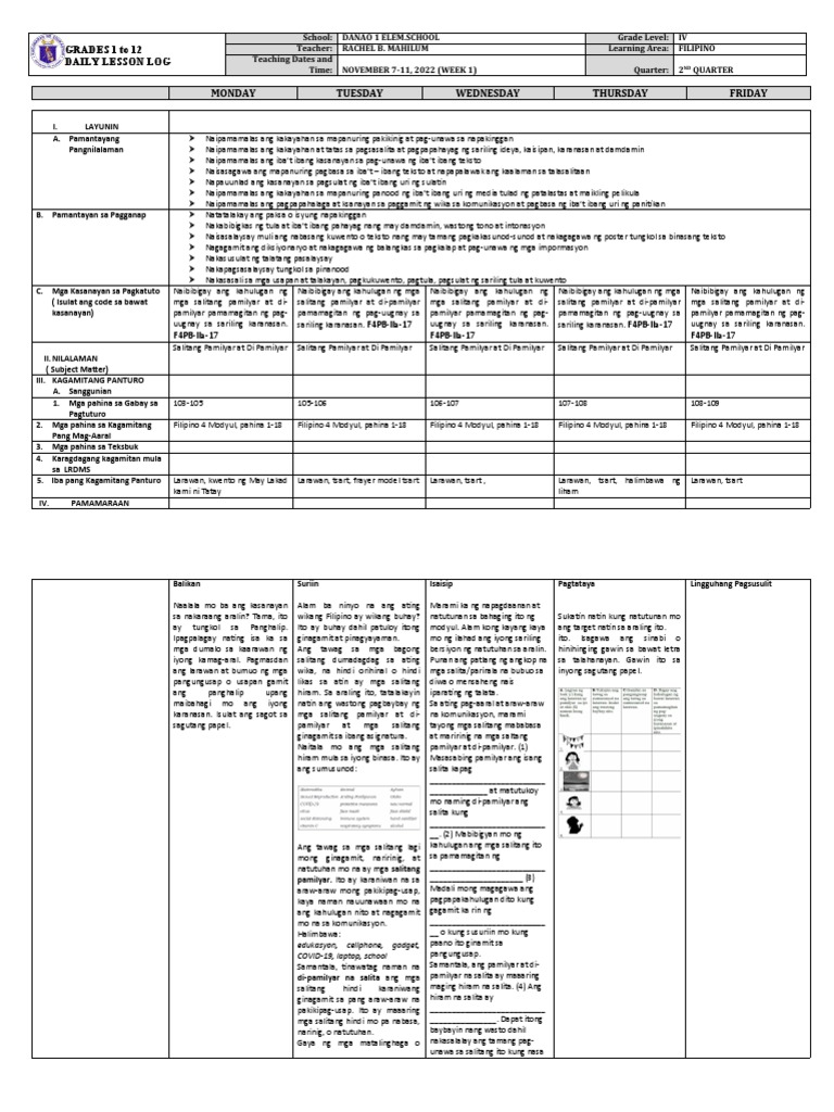 DLL - Filipino 4 - Q2 - W1 | PDF