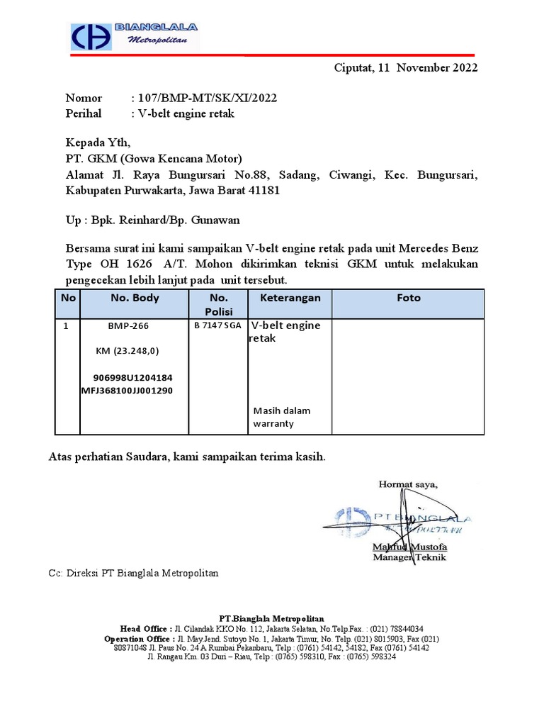 Surat Kepada MERCEDES BENZ (V-Belt Engine Retak BMP-266) 11-11-2022 | PDF
