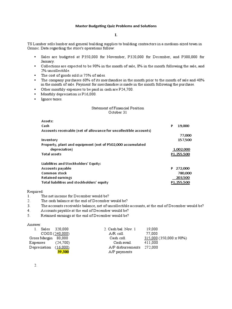 budgeting quiz questionnaire | PDF | Retained Earnings | Inventory