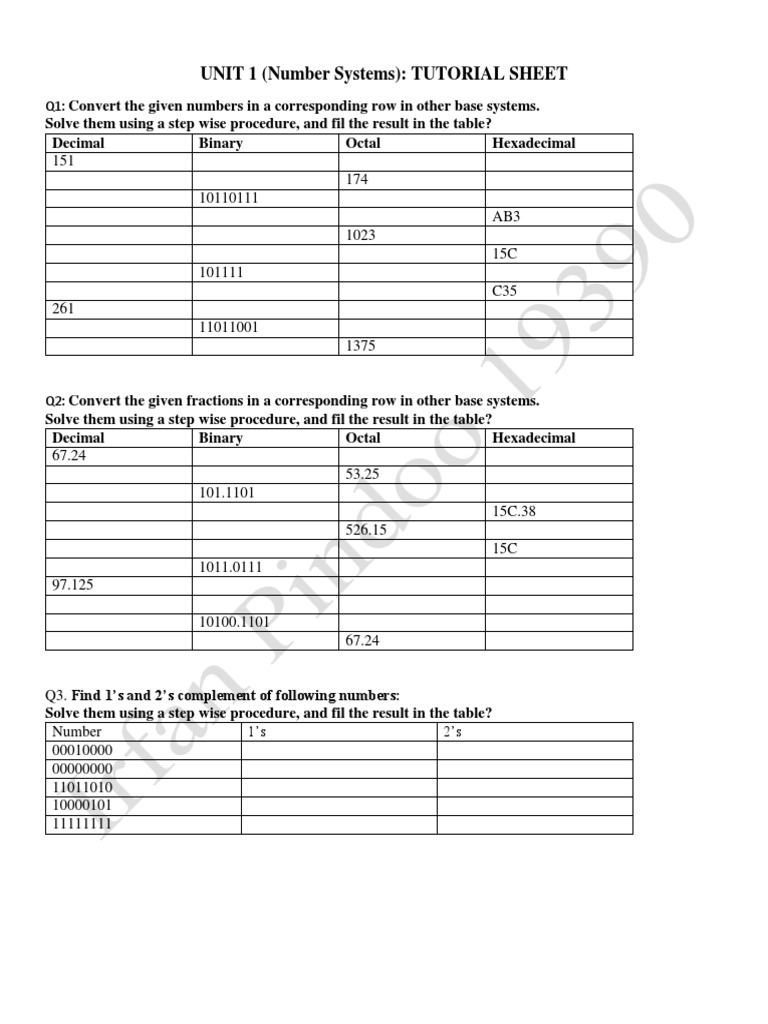 UNIT 1 (Number Systems) : TUTORIAL SHEET: 151 174 10110111 AB3 1023 15C ...
