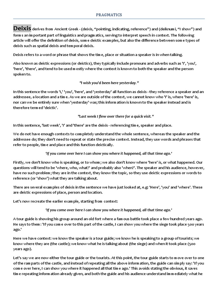 Pragmatics: Deixis, Reference and Inference, and Pressuposition and ...