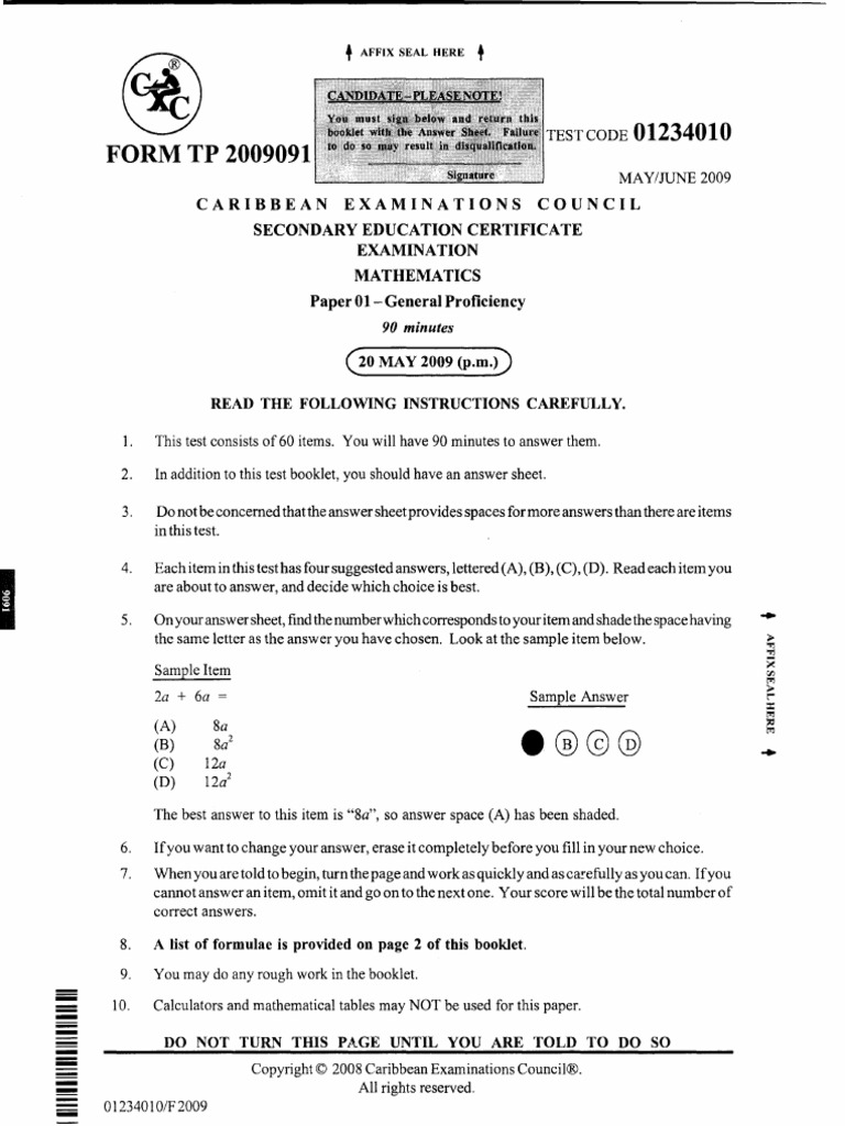 Solution - CXC Mathematics June 09 P1 | PDF