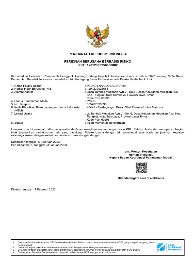 Izin PBF Agrina | PDF