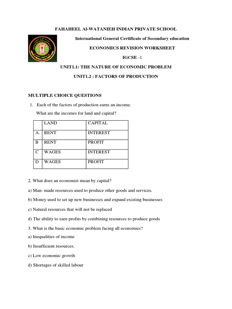 IGCSE Economics Revision Worksheet | PDF | Labour Economics | Capital ...