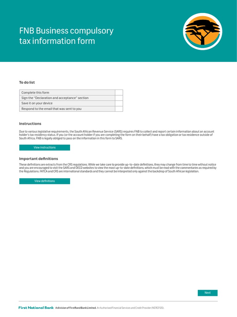 FNB Business Compulsory Tax Information Form: To Do List | PDF | Swap (Finance) | Trust Law