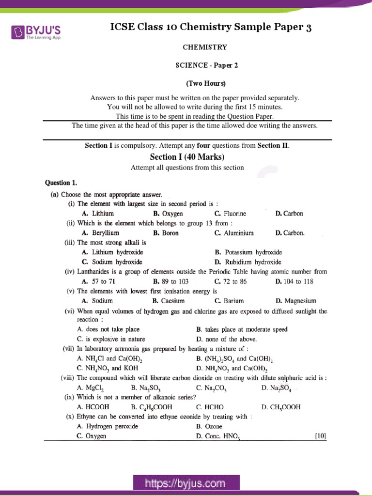 ICSE Class 10 Chemistry Sample Paper 3 | PDF