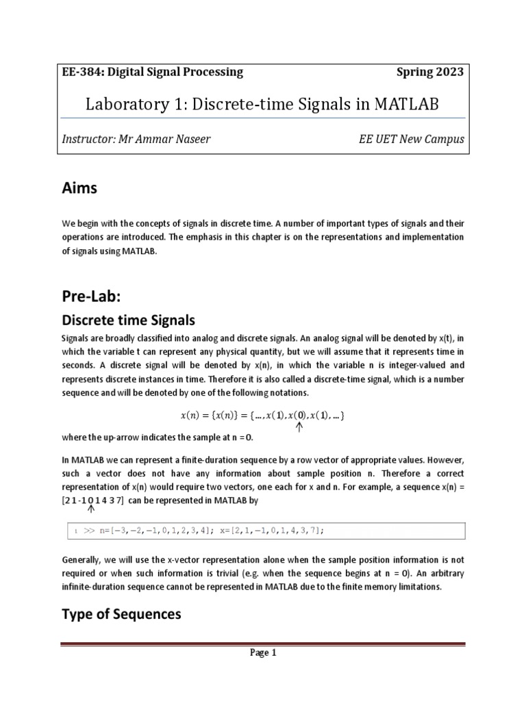 Laboratory 1: Discrete-Time Signals in MATLAB | PDF | Discrete Time And Continuous Time ...