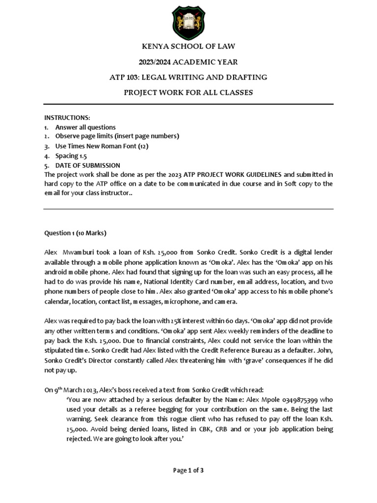 Kenya School of Law 2023/2024 ACADEMIC YEAR Atp 103: Legal Writing and Drafting Project Work For ...