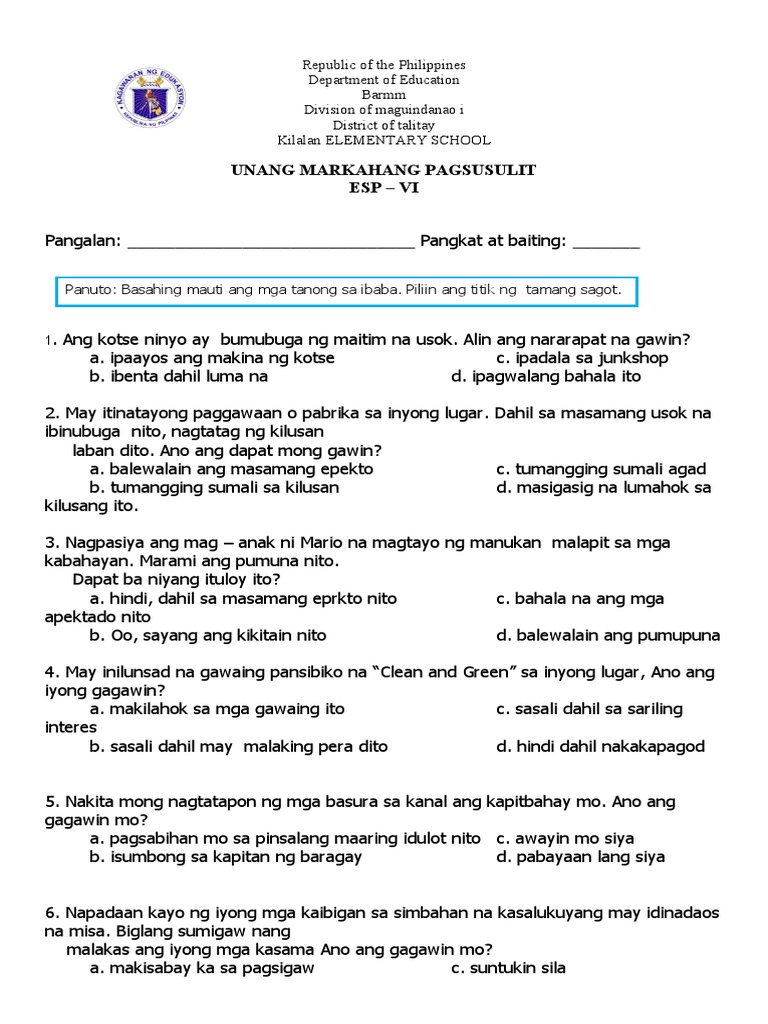 1st Grading Exam ESP-6 | PDF
