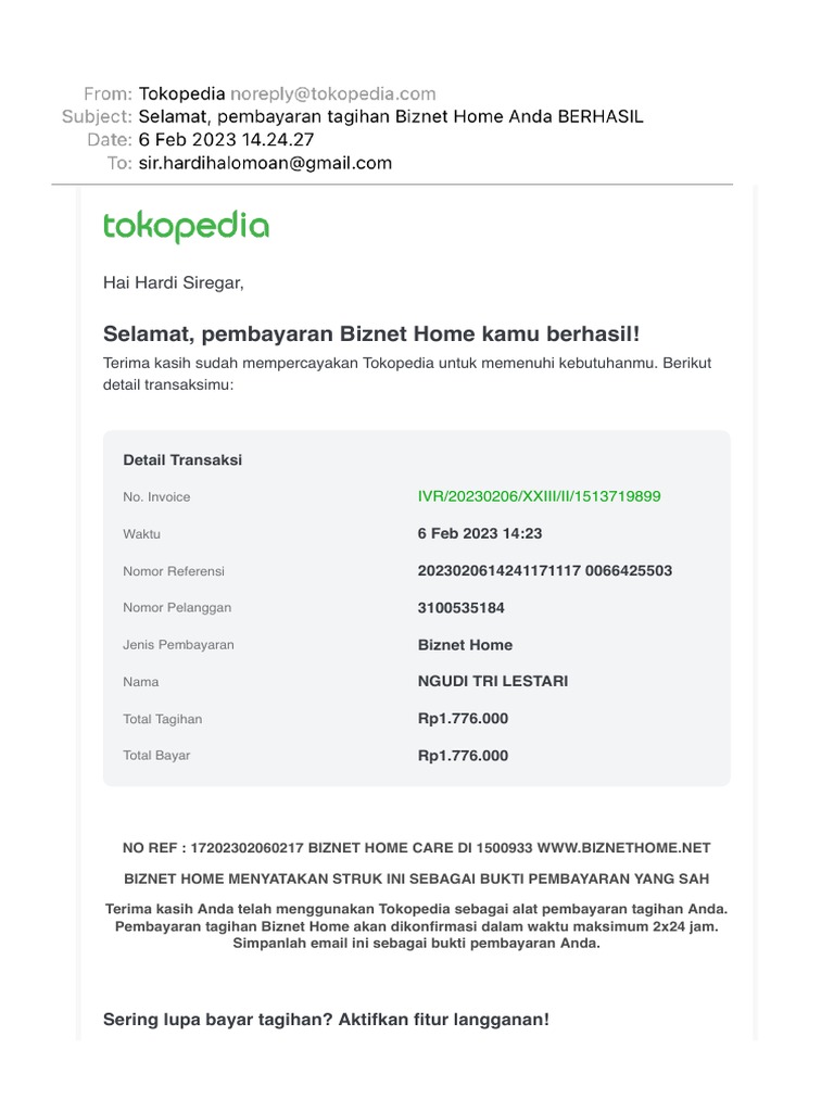 Selamat, Pembayaran Biznet Home Kamu Berhasil!: Hai Hardi Siregar | PDF ...